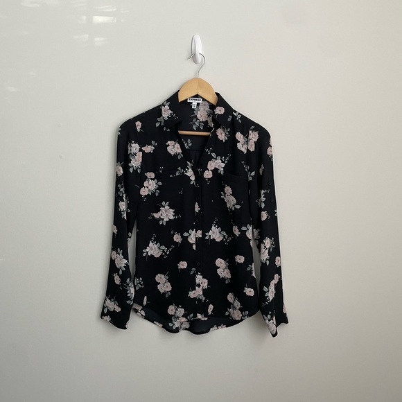 Express | Tops | Express Black Floral Button Down Shirt | Poshmark